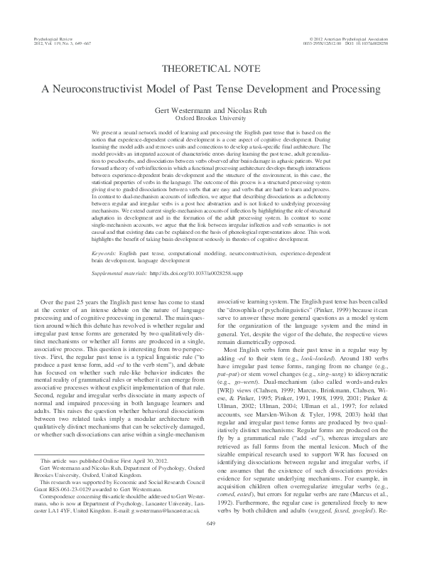 A neuroconstructivist model of past tense development and processing