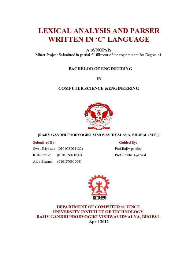 Doc Lexical Analysis And Parser Written In C Language A Synopsis Minor Project Submitted In