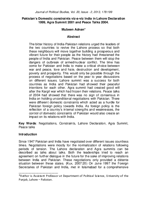 (PDF) Pakistan’s Domestic constraints viz-a-viz India in Lahore ...