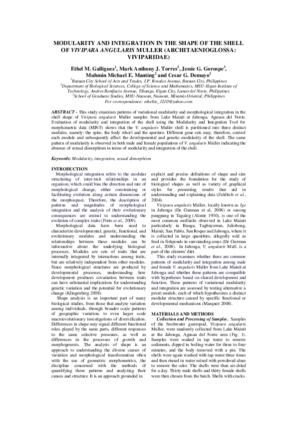(PDF) MODULARITY AND INTEGRATION IN THE SHAPE OF THE SHELL OF VIVIPARA ANGULARIS MULLER ...