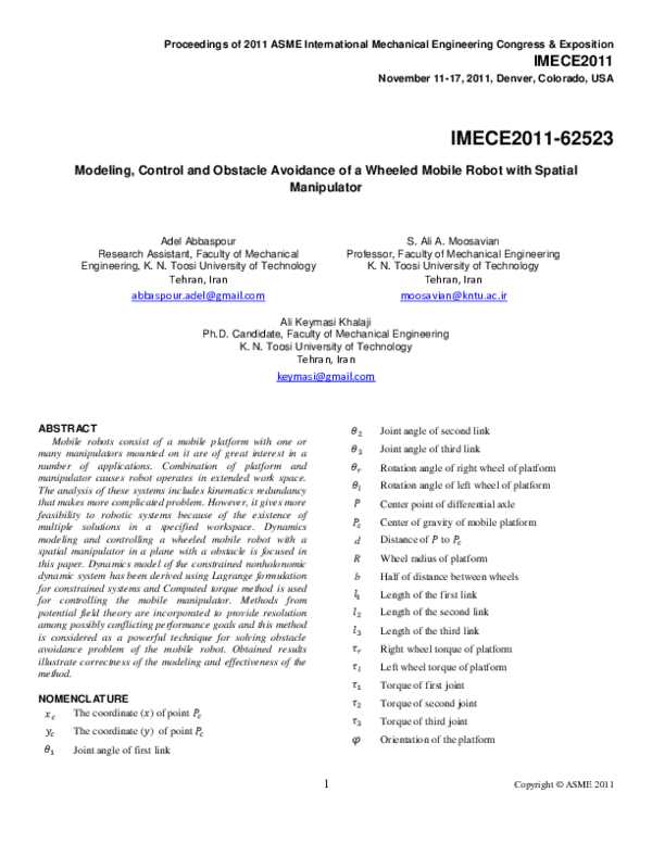 Pdf Modeling Control And Obstacle Avoidance Of A Wheeled Mobile Robot With Spatial Manipulator