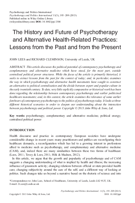 (PDF) The History and Future of Psychotherapy and Alternative Health ...