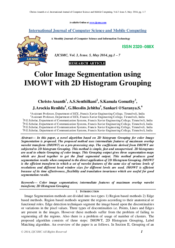 (PDF) Color Image Segmentation using IMOWT with 2D Histogram Grouping﻿