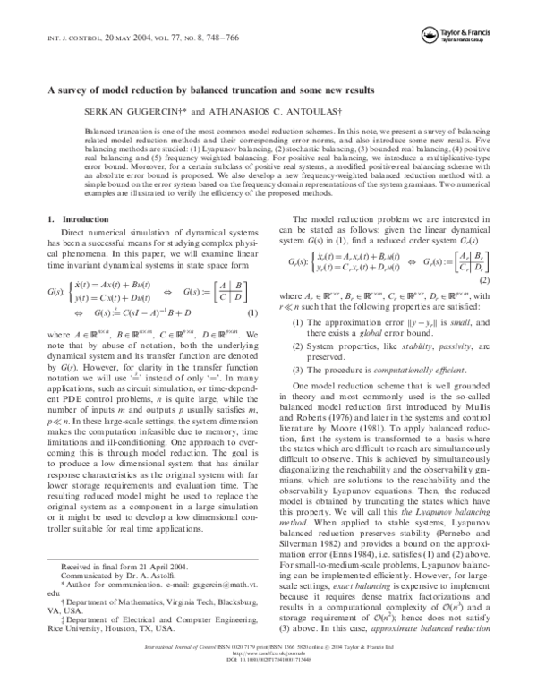 Pdf A Survey Of Model Reduction By Balanced Truncation And Some New