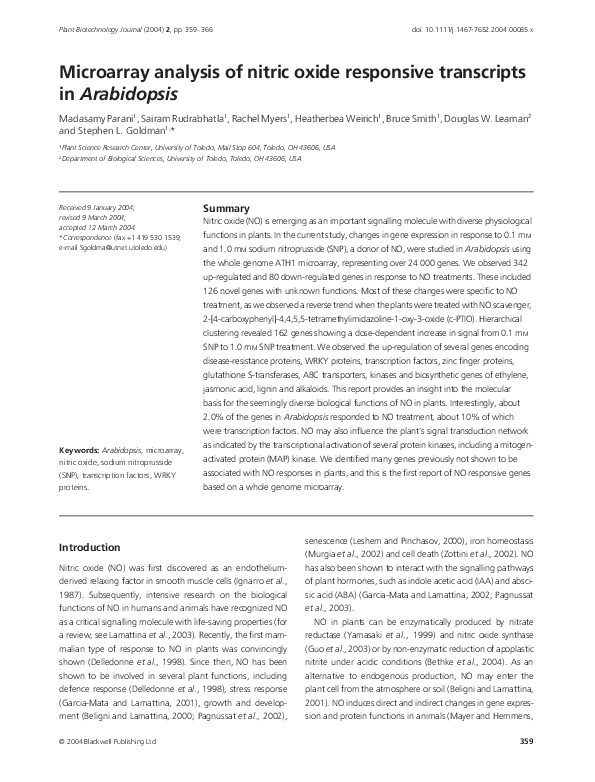Pdf Microarray Analysis Of Nitric Oxide Responsive Transcripts In