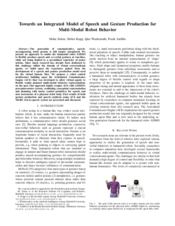 Pdf Towards An Integrated Model Of Speech And Gesture Production For Multi Modal Robot Behavior