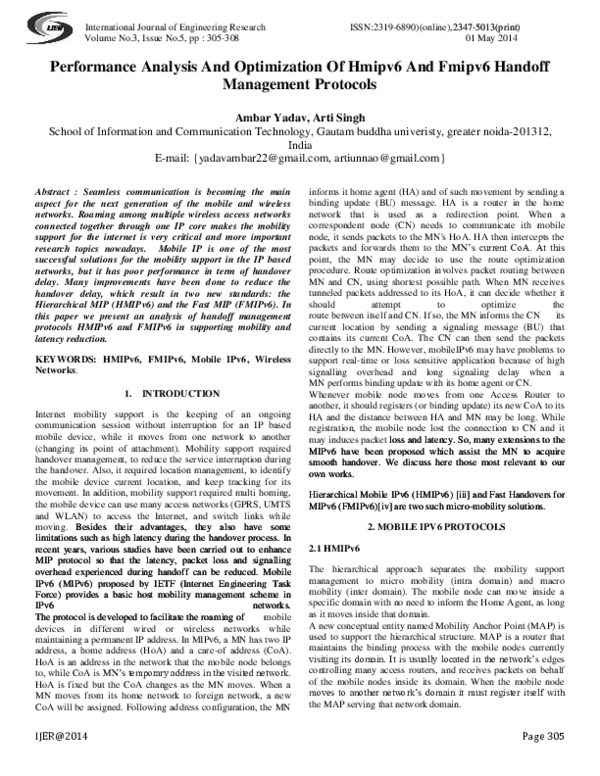 (PDF) Performance Analysis and Optimization of Hmipv6 and Fmipv6 Handoff Management Protocols