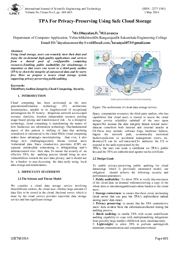(PDF) TPA For Privacy-Preserving Using Safe Cloud Storage