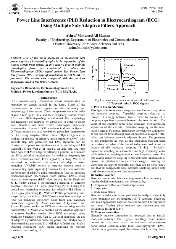 Pdf Power Line Interference Pli Reduction In Electrocardiogram Ecg Using Multiple Sub
