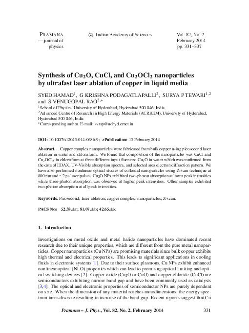 Synthesis of Cu 2 O, CuCl, and Cu 2 OCl 2 nanoparticles by ultrafast ...