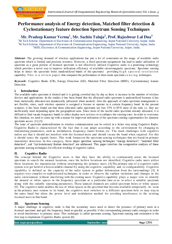 Pdf Performance Analysis Of Energy Detection Matched Filter Detection And Cyclostationary