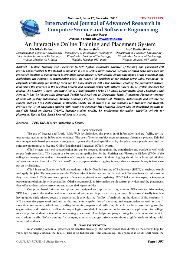 2013, IJARCSSE All Rights Reserved An Interactive Online Training and Placement System