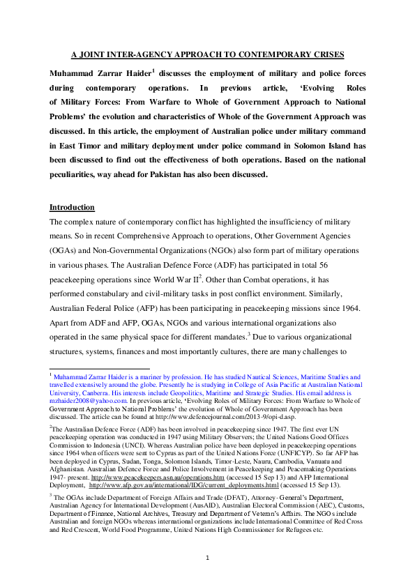 (PDF) A Joint Inter Agency Approach to Contemporary Crises