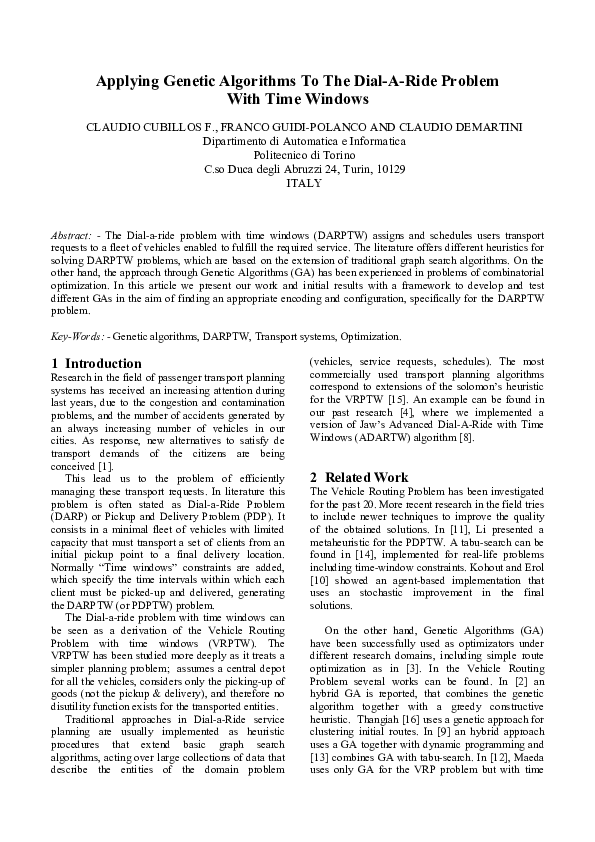(PDF) Applying Genetic Algorithms To The Dial-A-Ride Problem With Time Windows