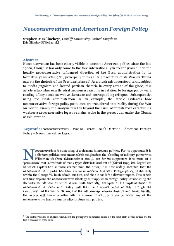 (PDF) Neoconservatism and American Foreign Policy