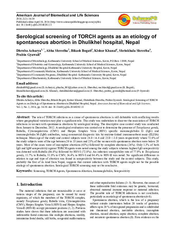 (PDF) Serological screening of TORCH agents as an etiology of ...