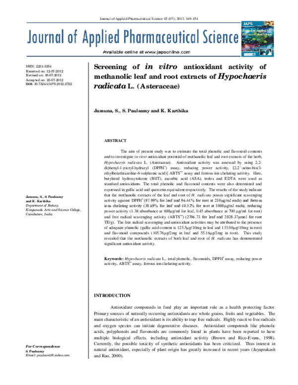 (PDF) Screening of in vitro antioxidant activity of methanolic leaf and root extracts of ...
