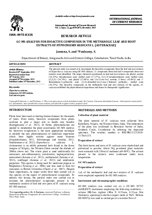 Pdf Gc Ms Analysis For Bioactive Compounds In The Methanolic Leaf And