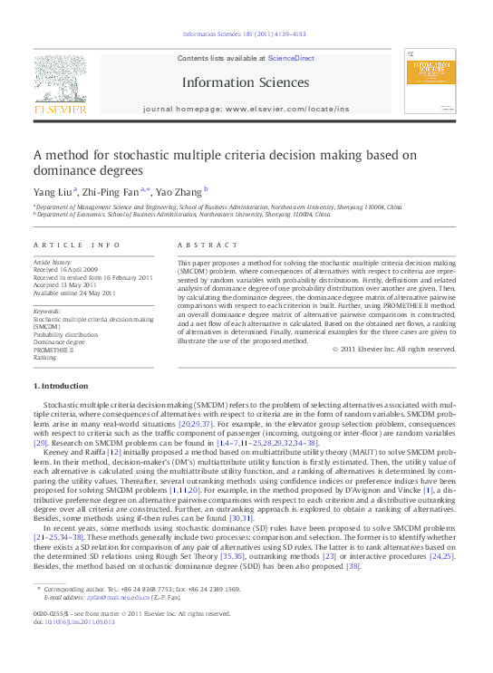 A Method For Stochastic Multiple Criteria Decision Making Based On