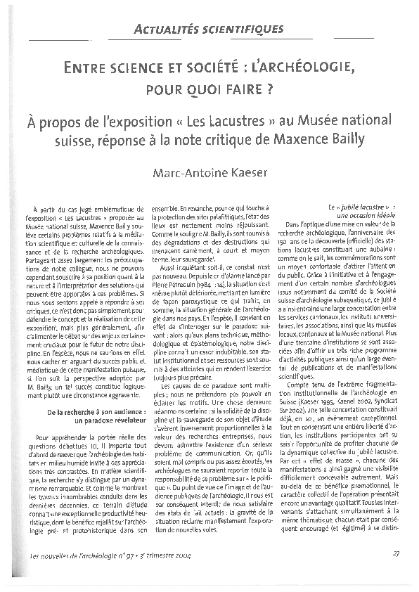 (PDF) «Entre science et société: l'archéologie, pour quoi faire? A ...