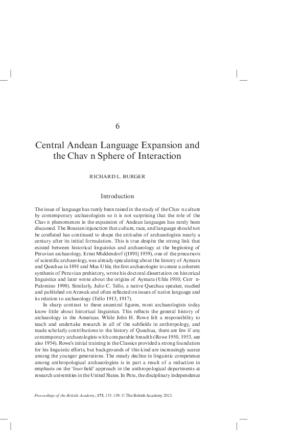 (PDF) Central Andean Language Expansion and the Chavin Sphere of ...