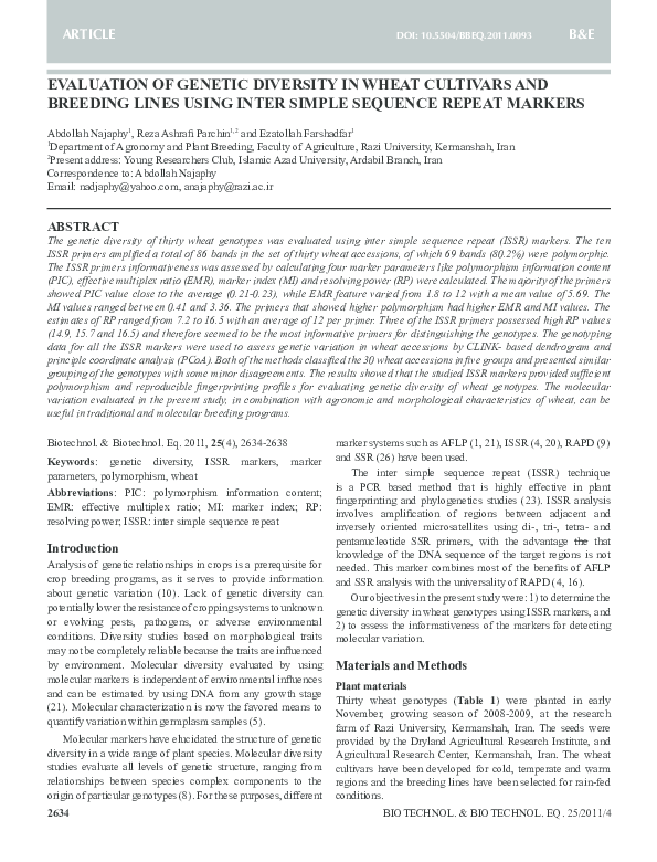 (PDF) EVALUATION OF GENETIC DIVERSITY IN WHEAT CULTIVARS AND BREEDING LINES USING INTER SIMPLE ...