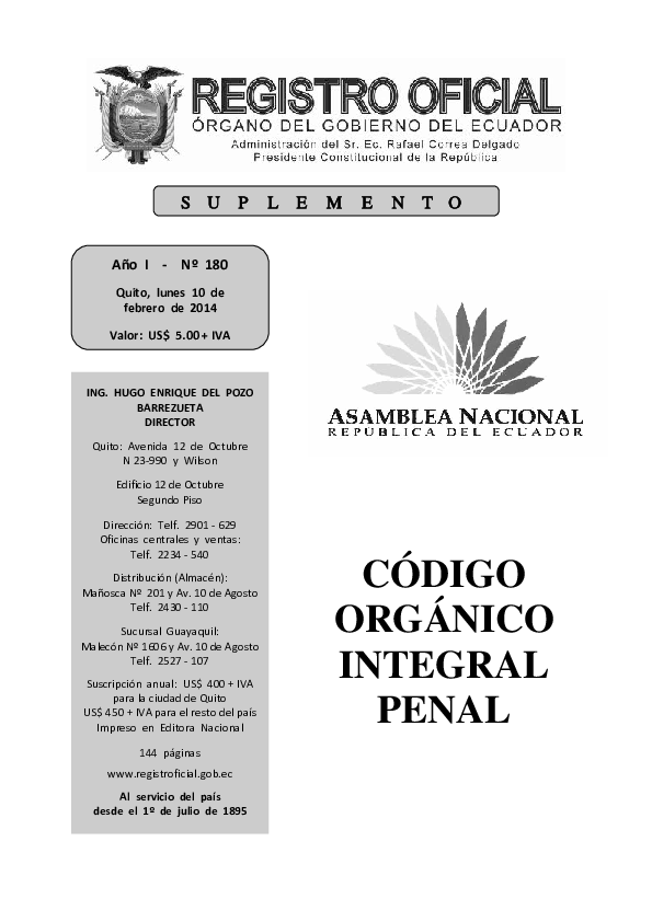 (PDF) Código Orgánico Integral Penal - COIP [REGISTRO OFICIAL] [ASAMBLEA]