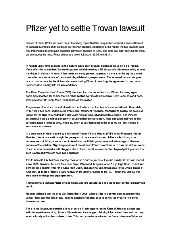 (DOC) Pfizer yet to settle Trovan lawsuit