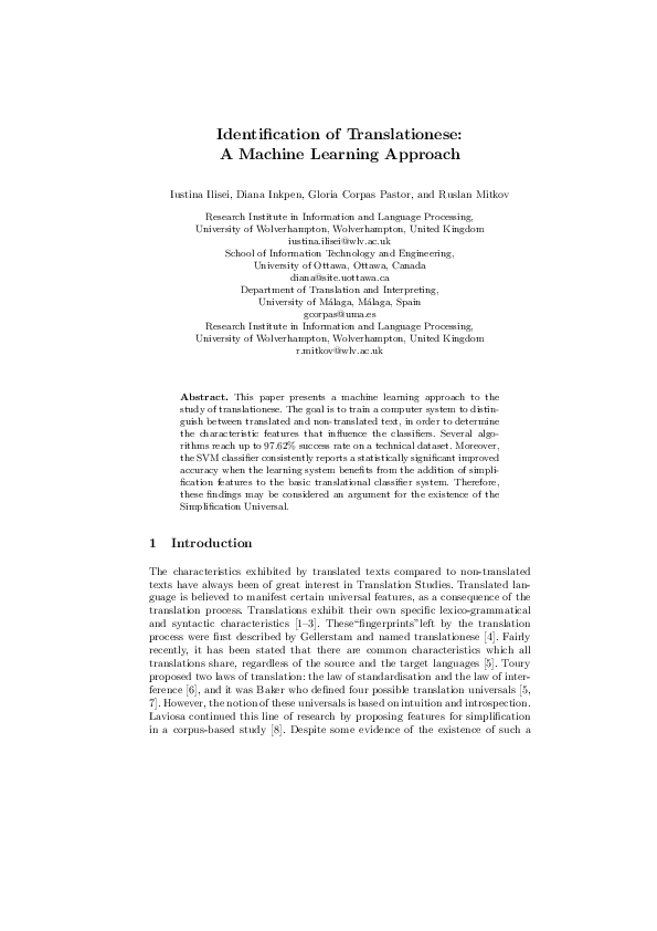 (PDF) Identification of Translationese: A Machine Learning Approach