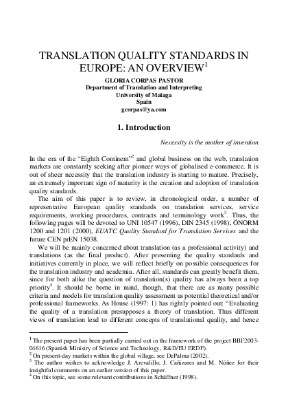 (PDF) TRANSLATION QUALITY STANDARDS IN EUROPE: AN OVERVIEW1