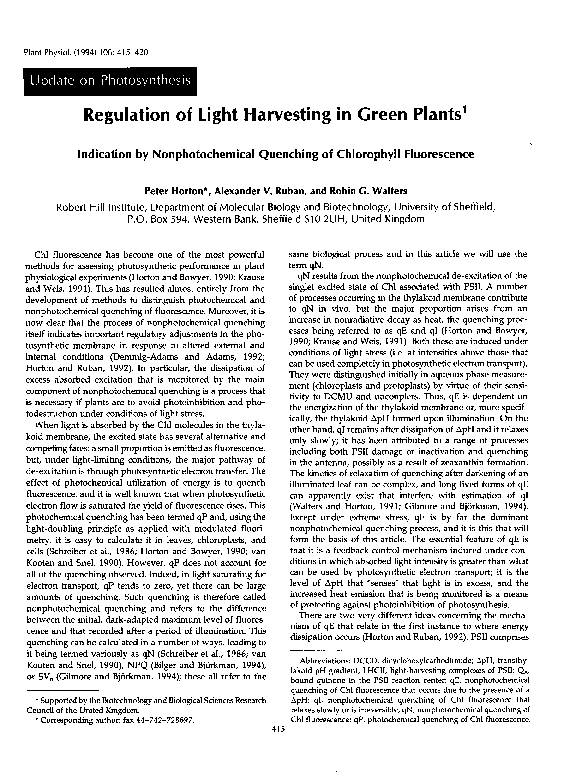(PDF) REGULATION OF LIGHT HARVESTING IN GREEN PLANTS