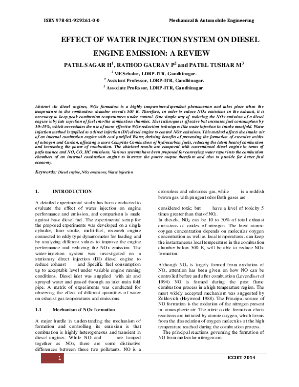 (PDF) EFFECT OF WATER INJECTION SYSTEM ON DIESEL ENGINE EMISSION: A REVIEW