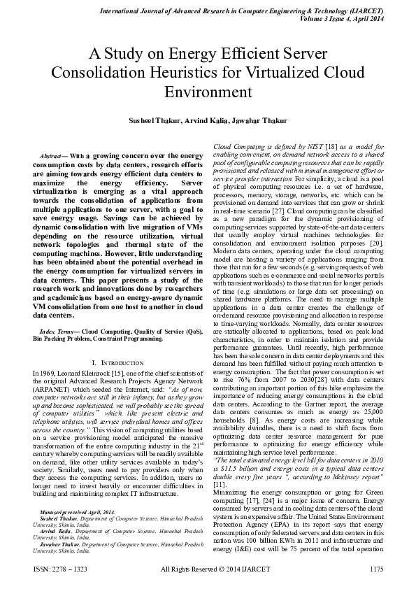 (PDF) A Study on Energy Efficient Server Consolidation Heuristics for Virtualized Cloud Environment