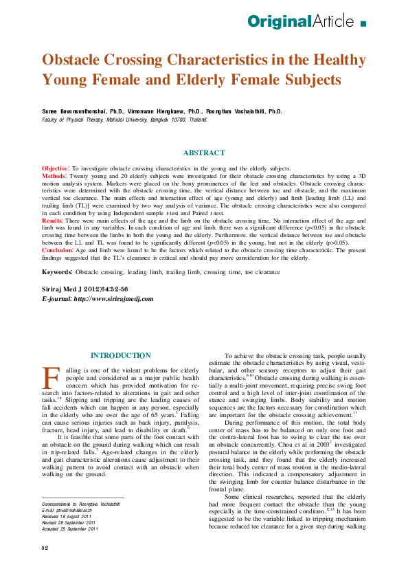 Obstacle Crossing Characteristics in the Healthy Young Female and ...