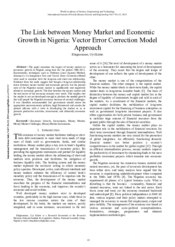 Pdf The Link Between Money Market And Economic Growth In Nigeria Vector Error Correction