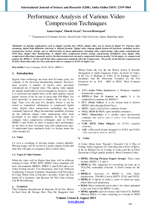 (PDF) Performance Analysis of Various Video Compression Techniques