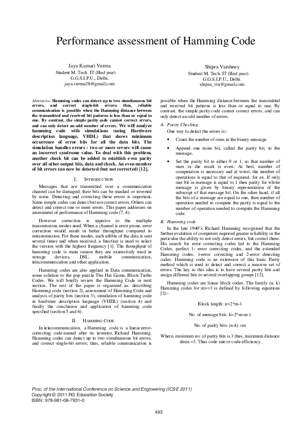 (PDF) Performance assessment of Hamming Code