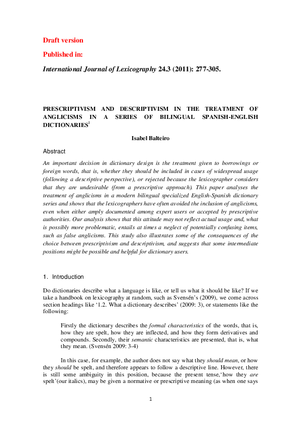 (PDF) Prescriptivism and Descriptivism in the Treatment of Anglicisms ...