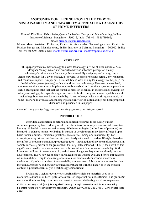 (PDF) ASSESSMENT OF TECHNOLOGY IN THE VIEW OF SUSTAINABILITY AND ...