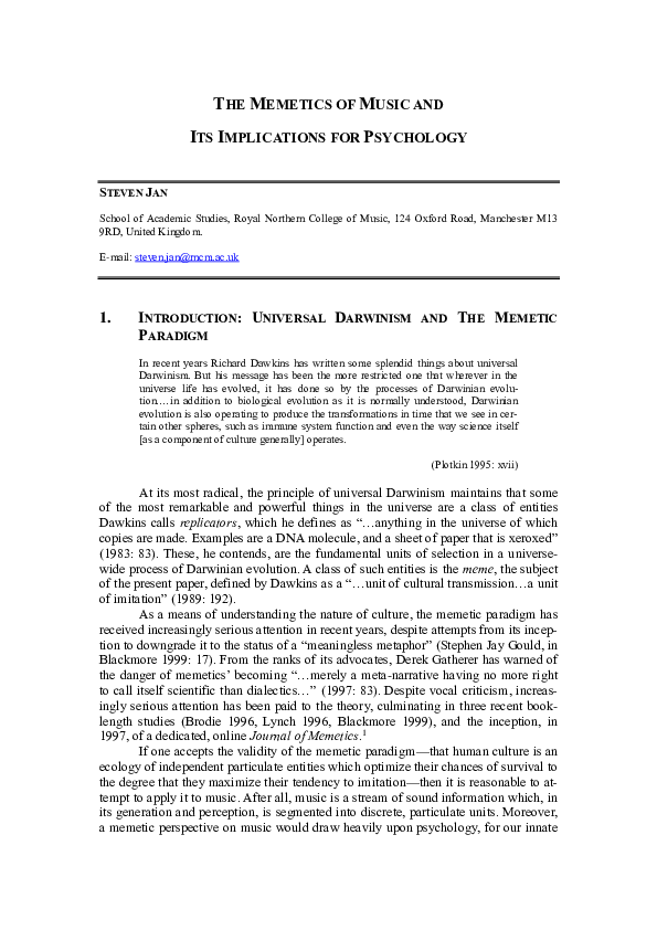 (PDF) The Memetics of Music and its Implications for Psychology