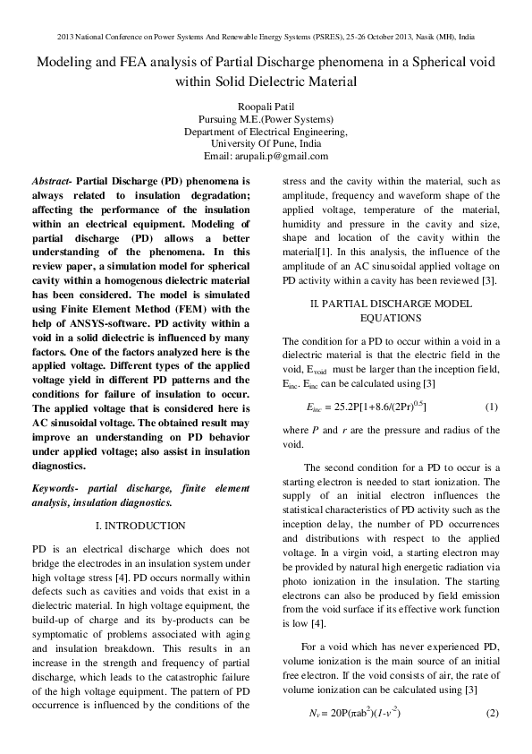 (PDF) Modeling and FEA analysis of Partial Discharge phenomena in a Spherical void within Solid ...