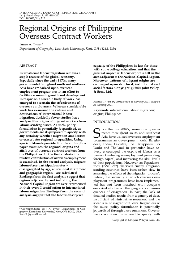 (PDF) Regional origins of Philippine overseas contract workers