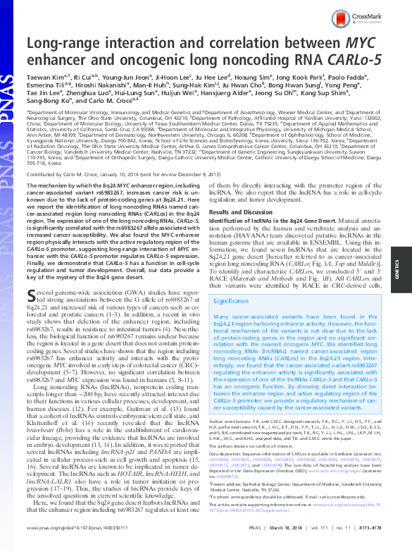 Pdf Long Range Interaction And Correlation Between Myc Enhancer And Oncogenic Long Noncoding
