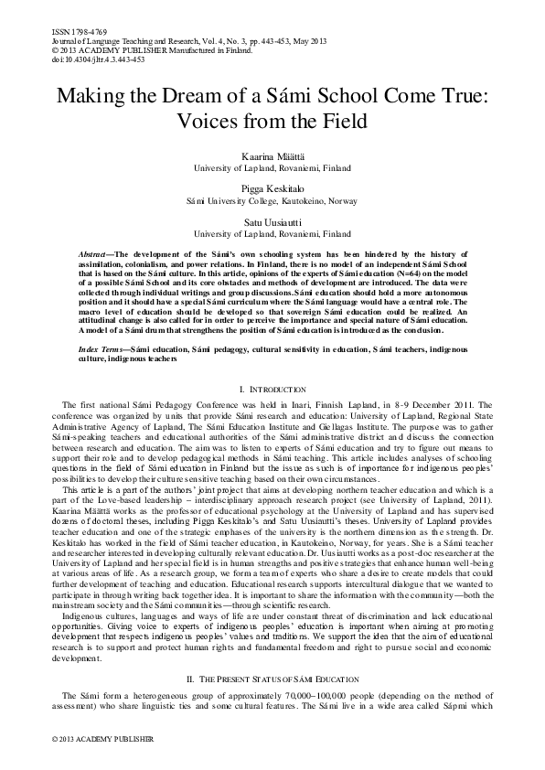 (PDF) Making the Dream of a Sámi School Come True: Voices from the Field