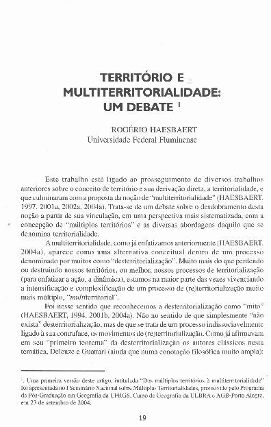 (PDF) TERRIT~RIO E . MULTITERRITORIALIDADE: UM DEBATE