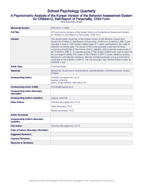 (PDF) School Psychology Quarterly A Psychometric Analysis of the Korean ...