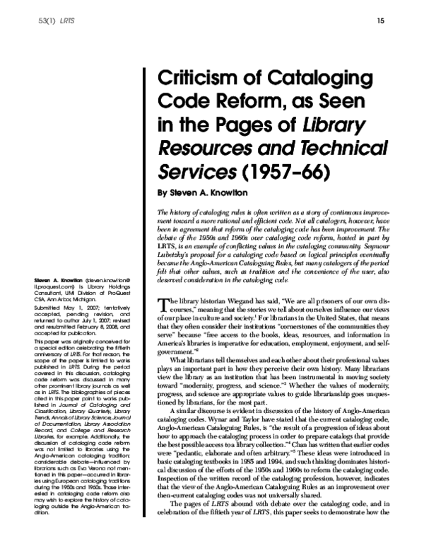 (PDF) Criticism of Cataloging Code Reform, as Seen in the Pages of ...