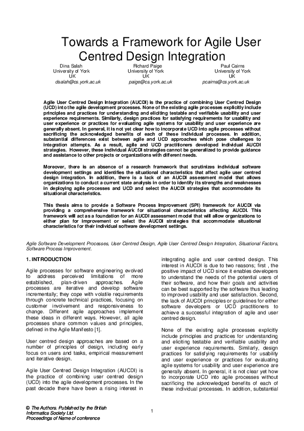 Towards a Framework for Agile User Centred Design Integration