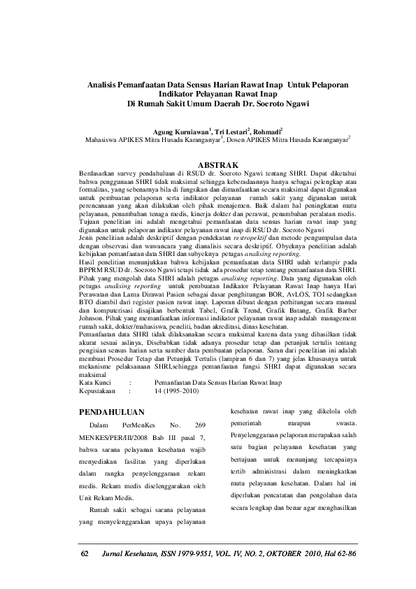 (PDF) Analisis Pemanfaatan Data Sensus Harian Rawat Inap Untuk Pelaporan Indikator Pelayanan ...
