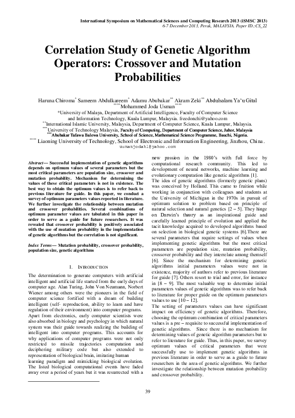 (PDF) Correlation Study of Genetic Algorithm Operators: Crossover and Mutation Probabilities